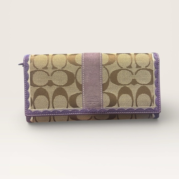 Coach | Bags | Coach Signature Canvas Long Wallet Purple Suede Accent ...
